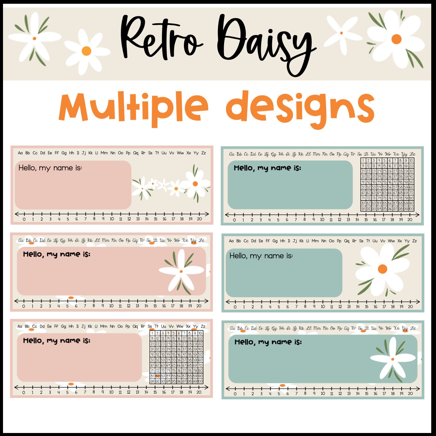 Retro Boho Daisy Themed Desk Plates Name Plates Calming Classroom ...