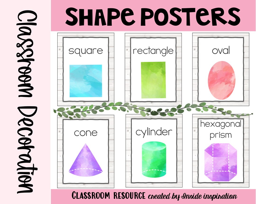 Boho Rainbow Theme Watercolor 2D and 3D Shape Posters Classroom Decor ...