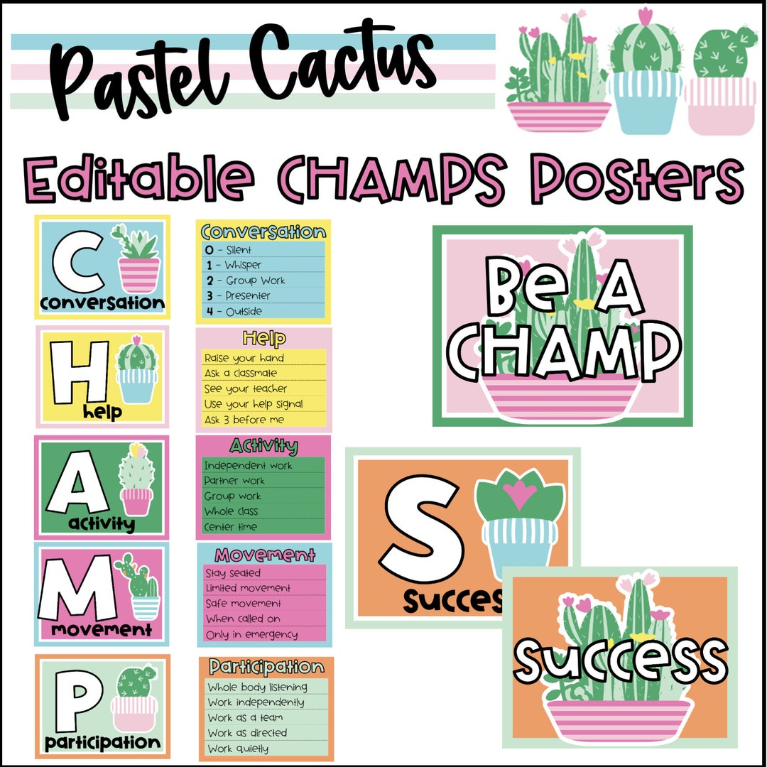 Pastel Cactus Themed CHAMPS Posters Classroom Decor⎮editable - Etsy