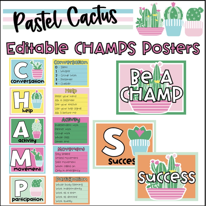 Pastel Cactus Themed CHAMPS Posters Classroom Decoreditable - Etsy