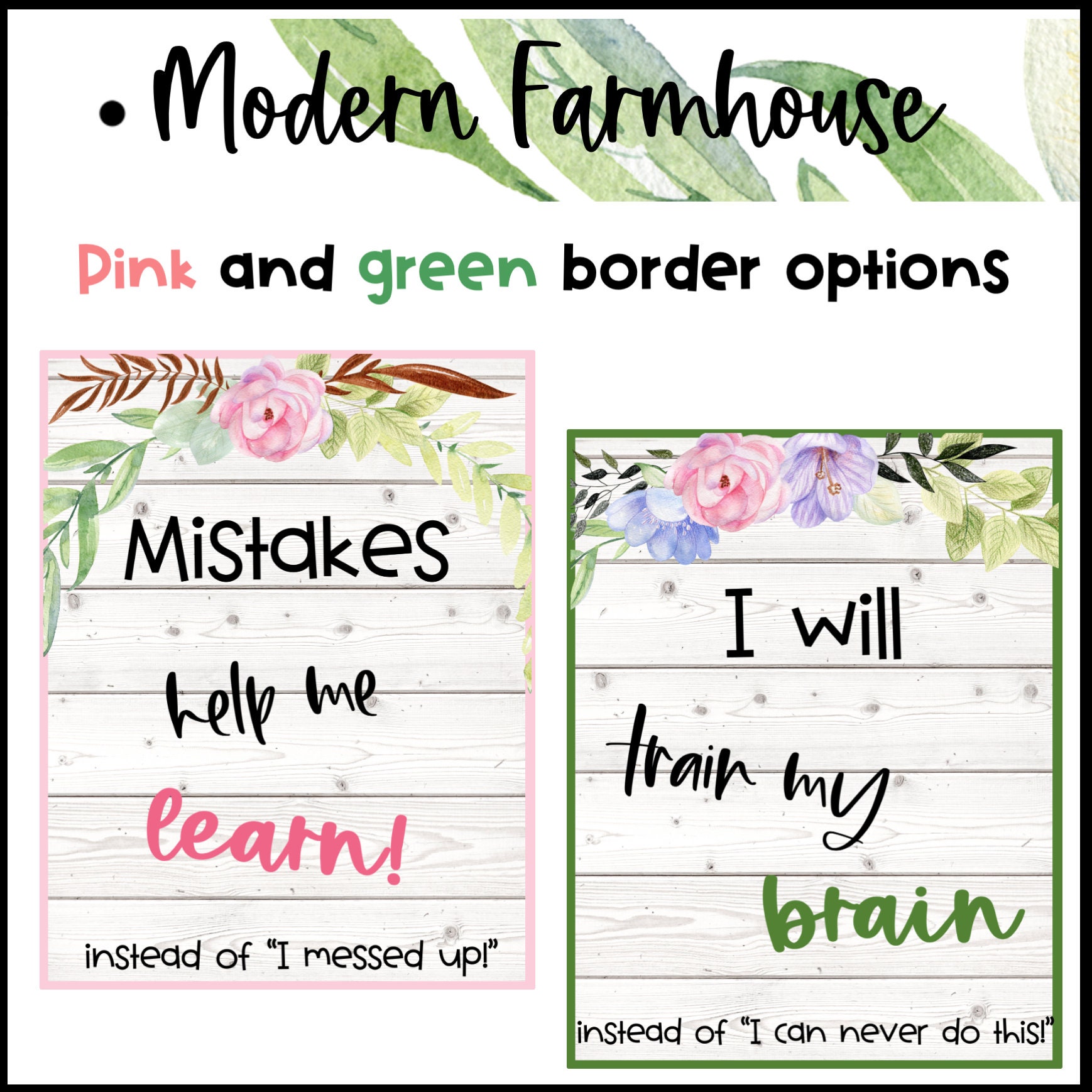 Modern Farmhouse Growth Mindset Posters Calming Watercolor Classroom ...