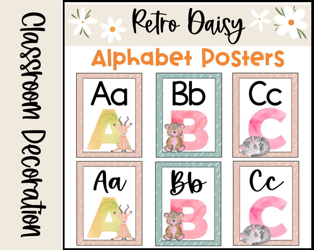Retro Boho Daisy Themed Alphabet Posters Calming Color Classroom Decor ...