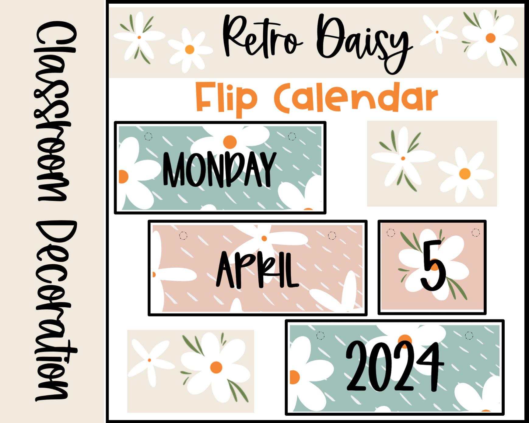 Retro Boho Daisy Themed Editable Flip Calendar Calming Color Classroom ...