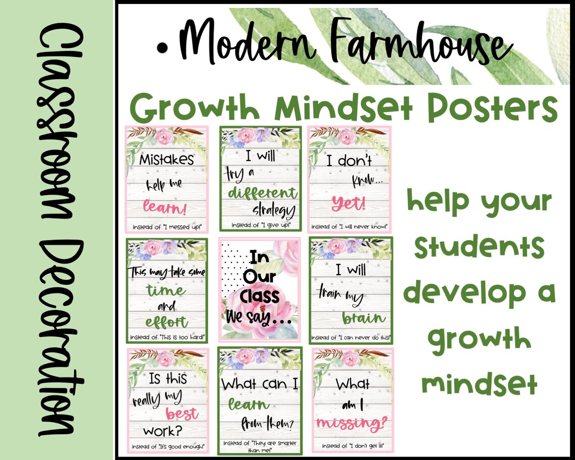Modern Farmhouse Growth Mindset Posters Calming Watercolor Classroom ...
