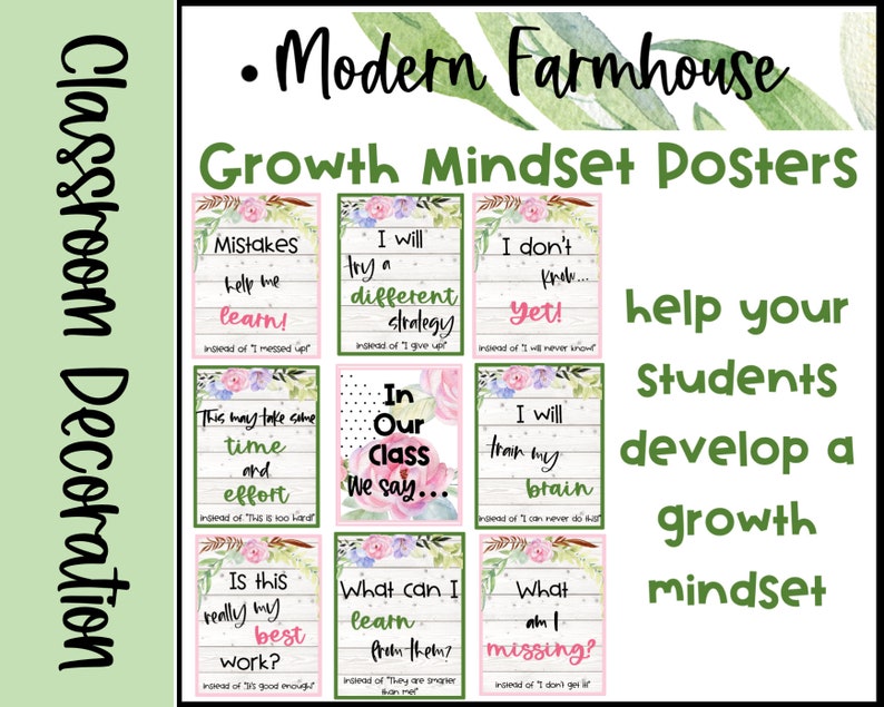 Modern Farmhouse Growth Mindset Posters Calming Watercolor Classroom ...