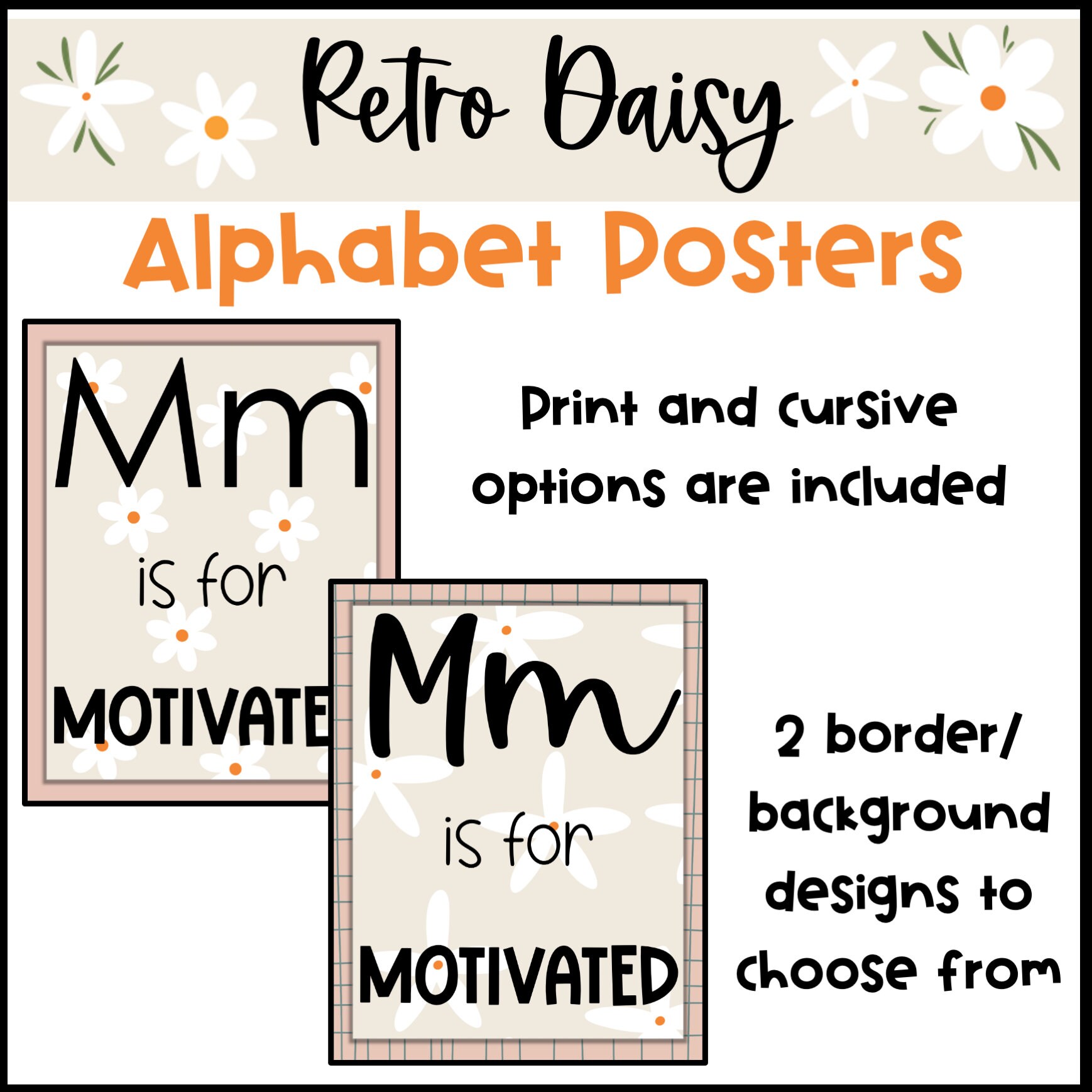 Retro Boho Daisy Themed Positive Traits Alphabet Posters Calming ...