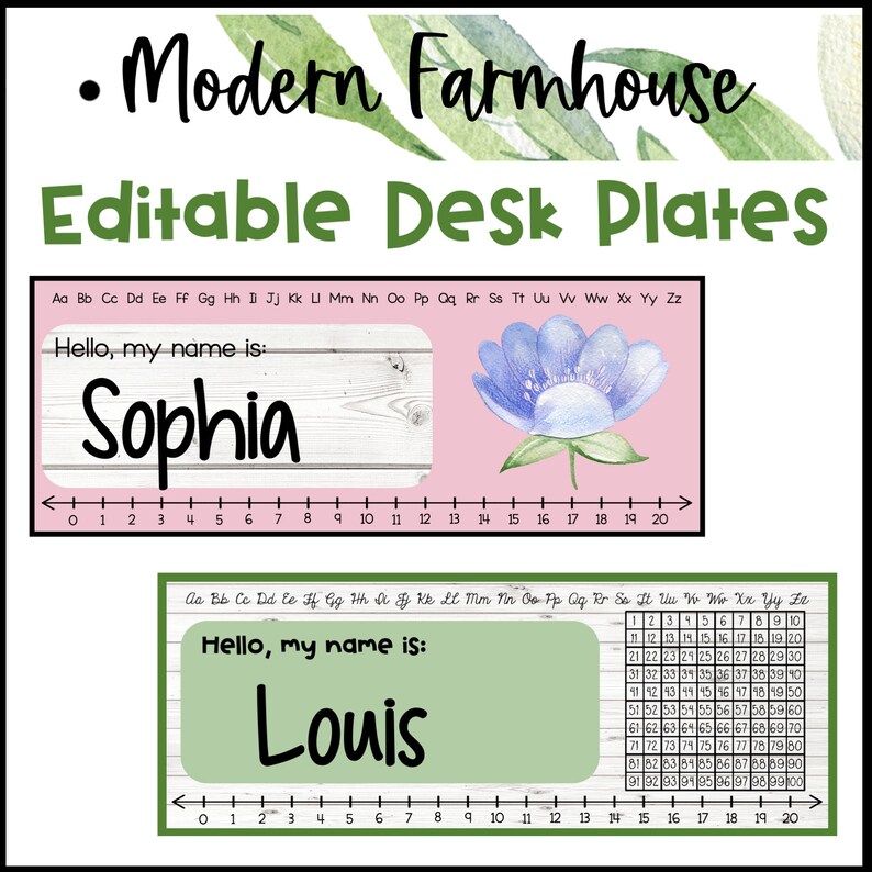 Modern Farmhouse Desk Plates Name Plates Watercolor Classroom Decor ...