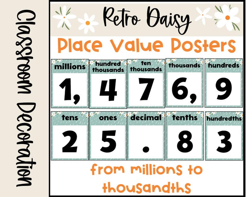 Retro Boho Daisy Themed Place Value Posters Calming Color - Etsy