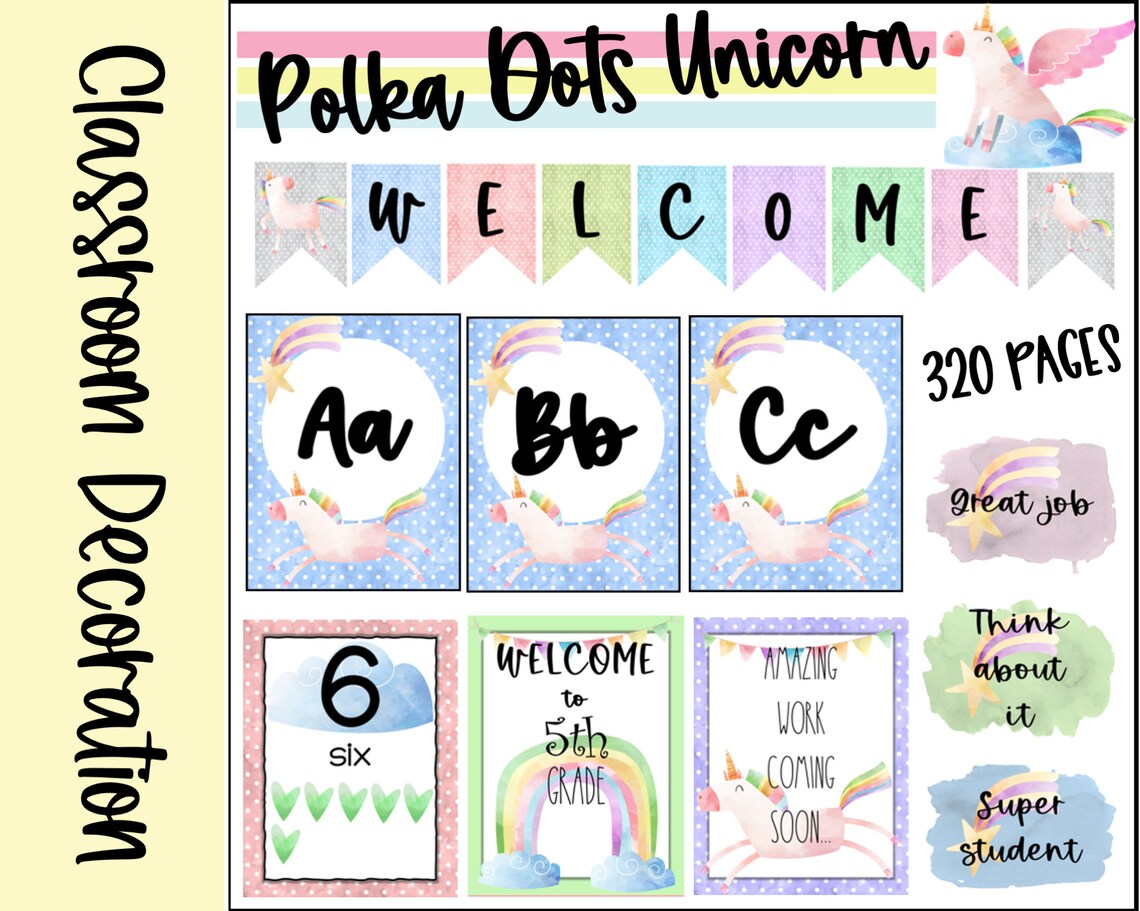 Rainbow Unicorn Classroom Decor, Unicorn Theme Classroom Display, Polka ...