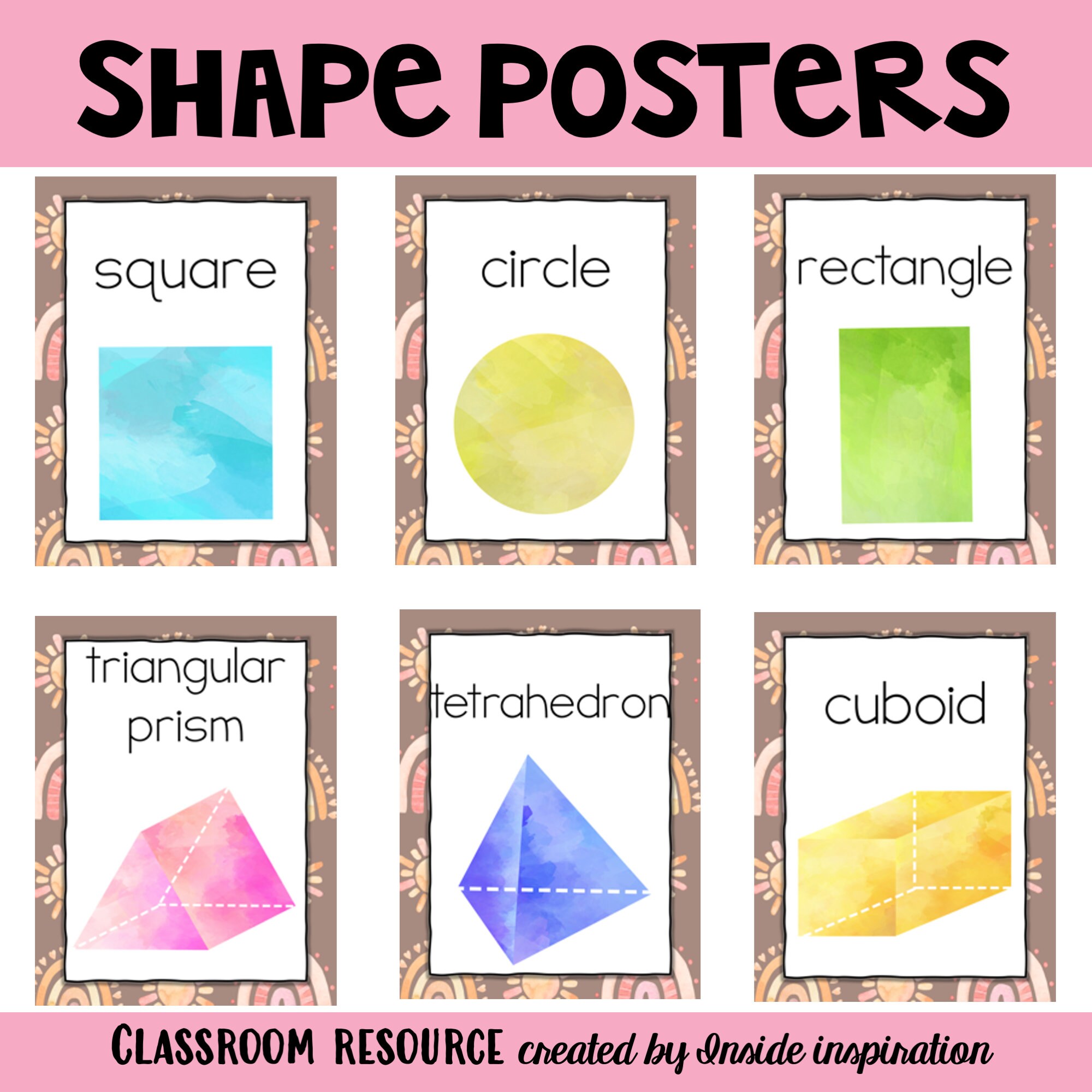 Boho Rainbow Theme Watercolor 2D and 3D Shape Posters Classroom Decor ...