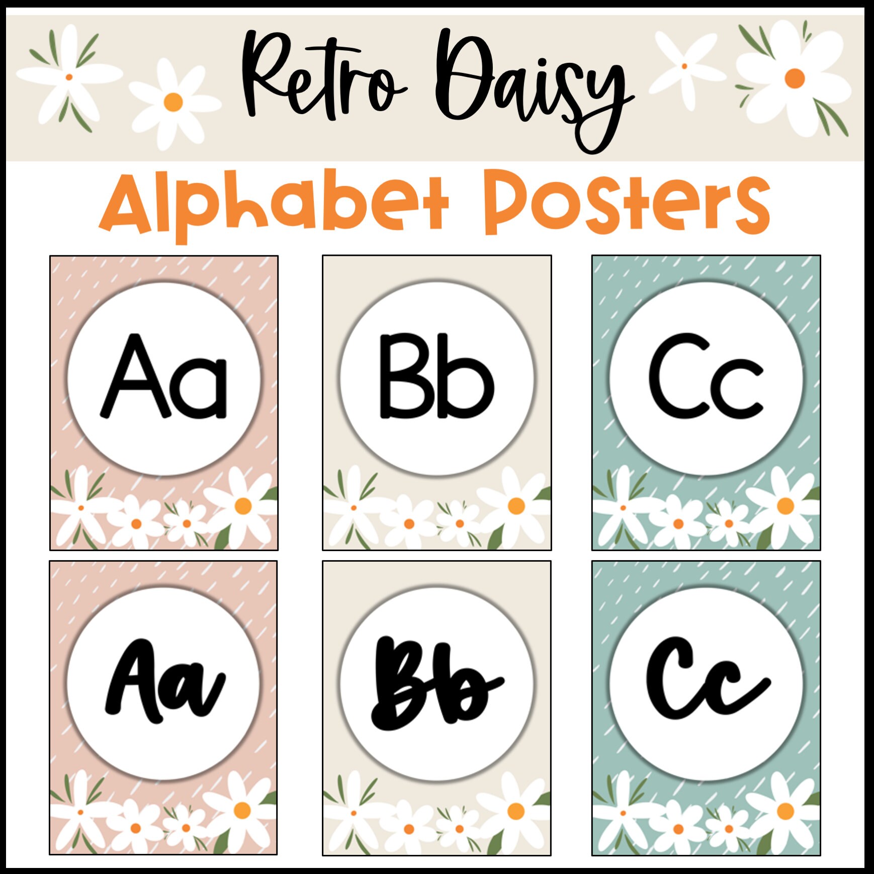 Retro Boho Daisy Themed Alphabet Posters Calming Color Classroom Decor ...