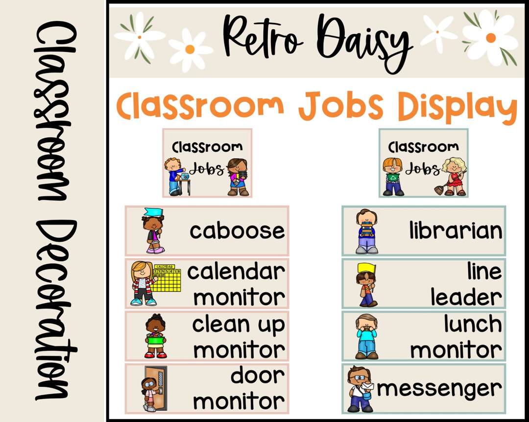 Retro Boho Daisy Themed Classroom Jobs Display Calming Color Classroom ...