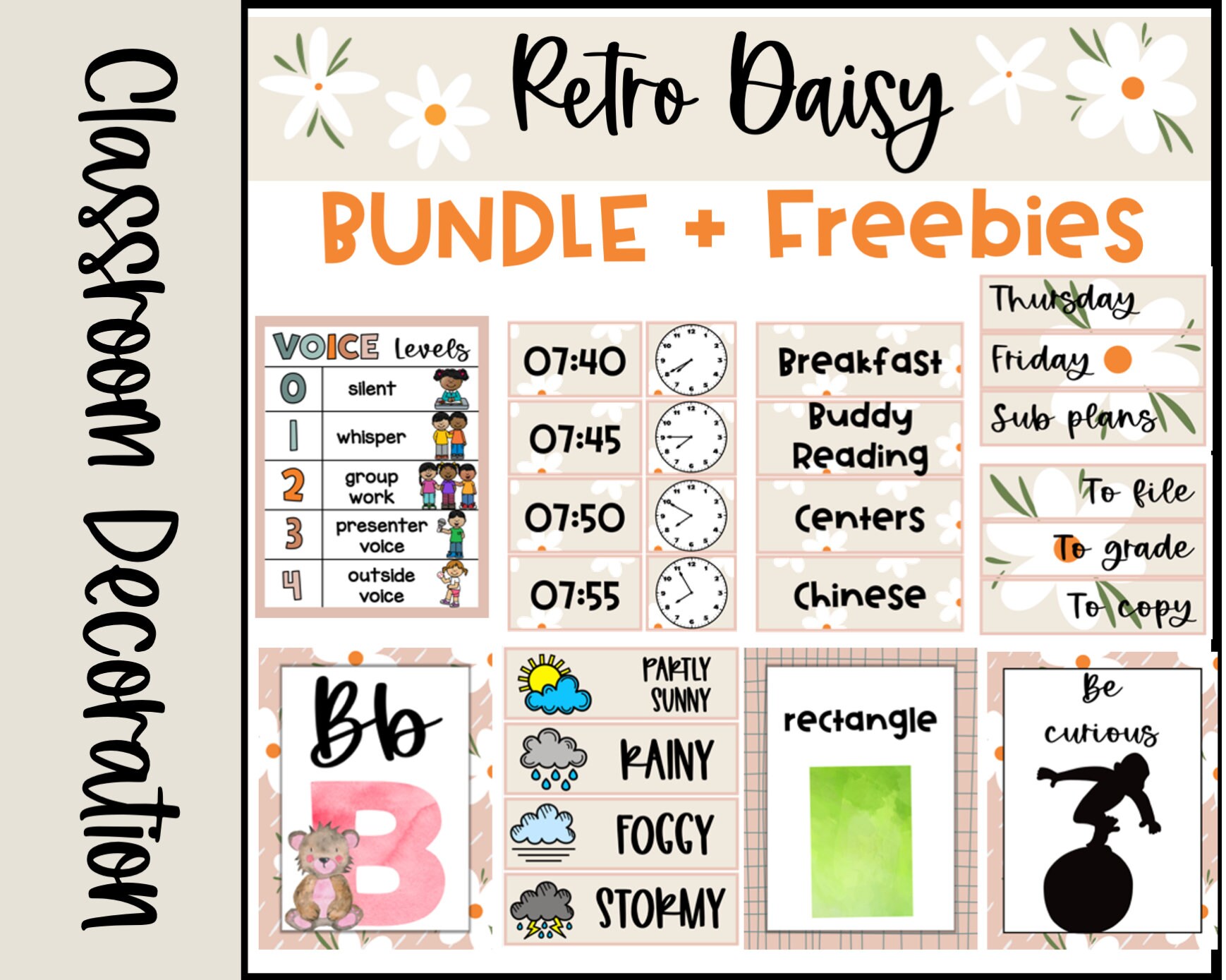 Retro Boho Daisy Themed Calming Color Classroom Decor Bundle Editable ...