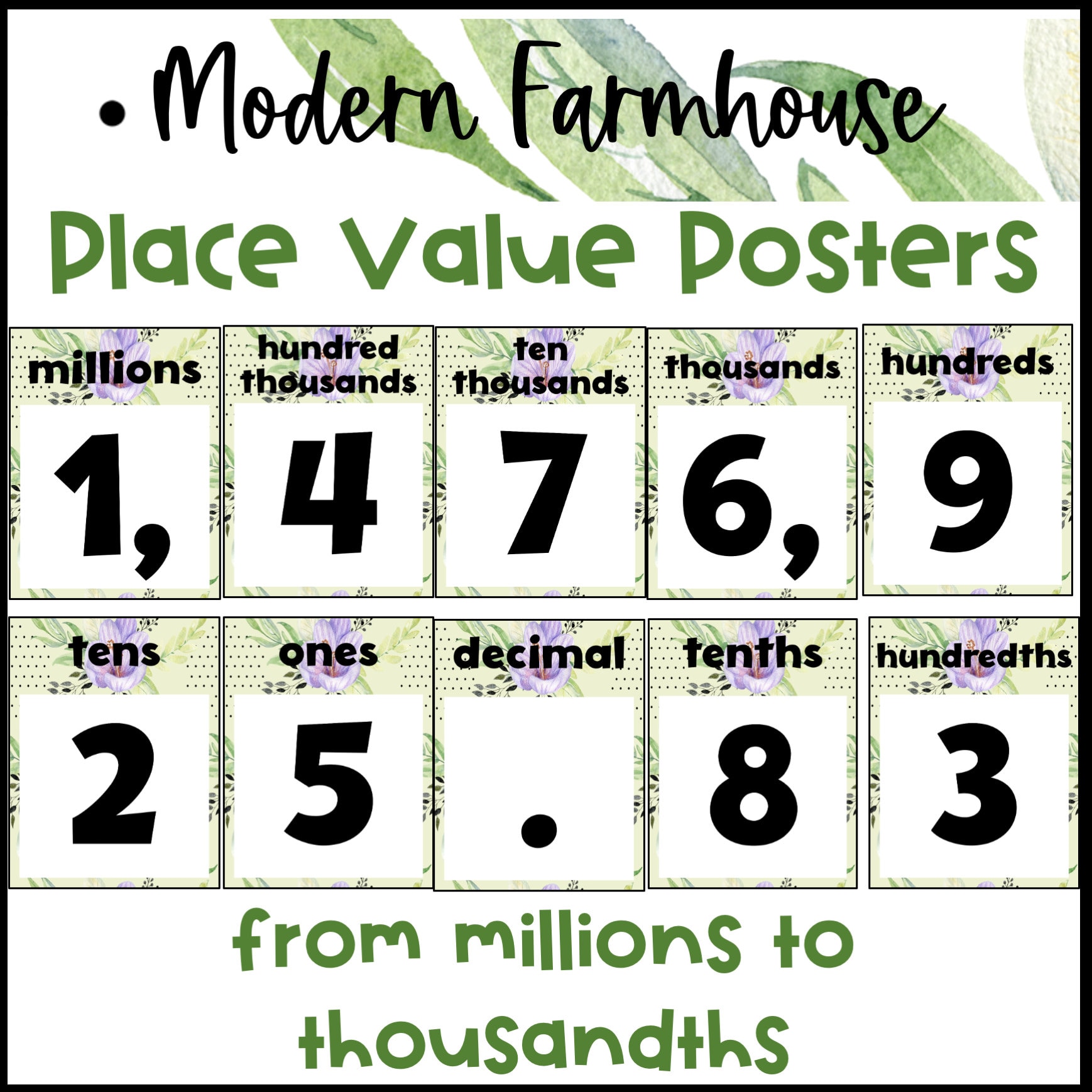 Modern Farmhouse Place Value Posters Watercolor Classroom - Etsy