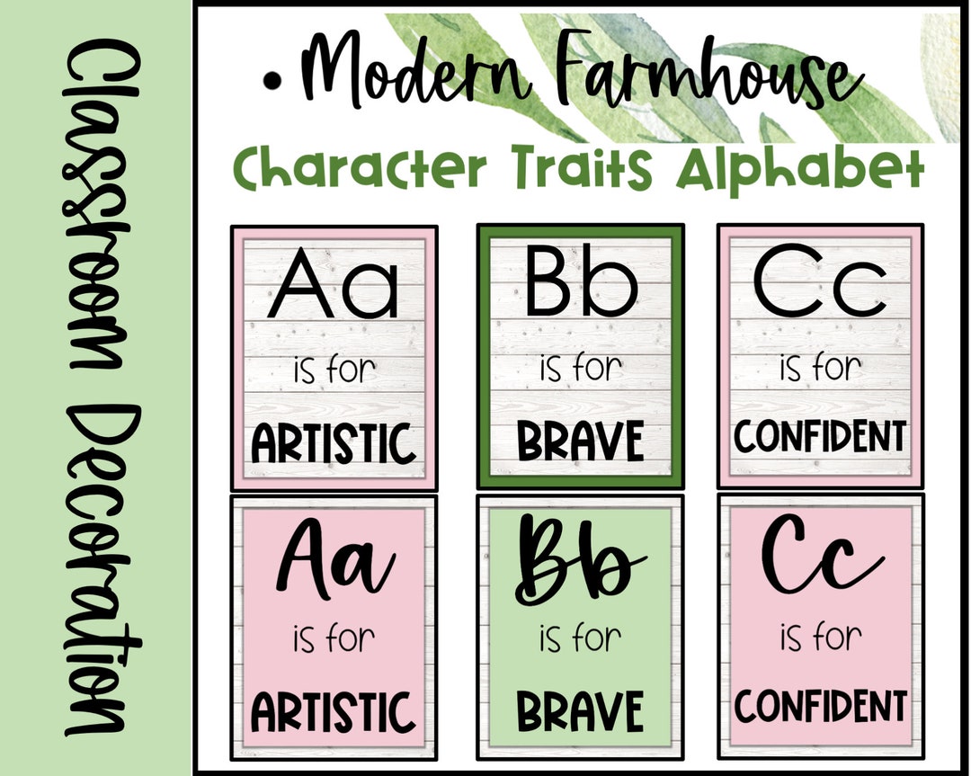 Modern Farmhouse Positive Traits Alphabet Posters Watercolor Classroom ...