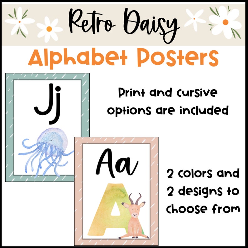 Retro Boho Daisy Themed Alphabet Posters Calming Color - Etsy