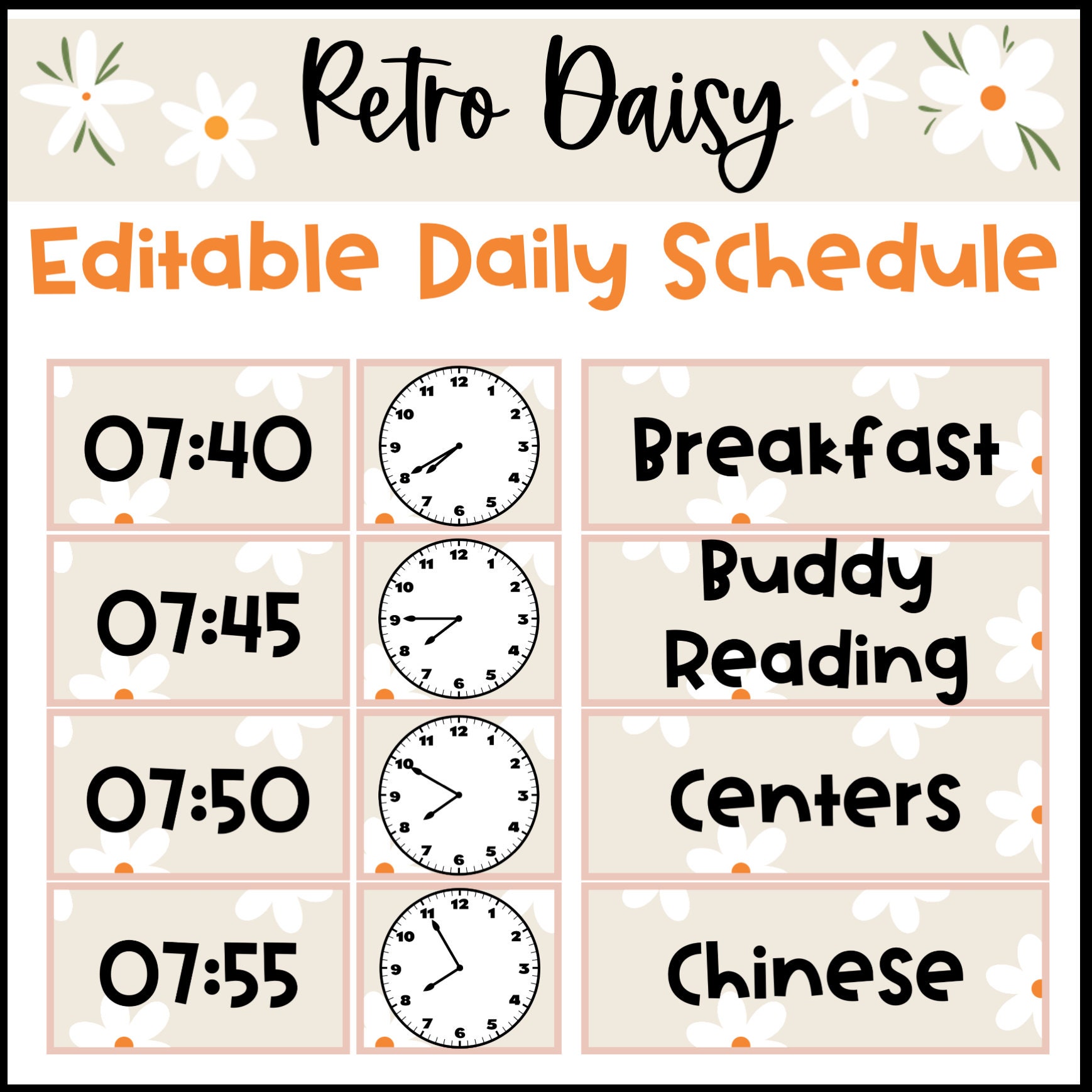 Retro Boho Daisy Themed Daily School Schedule Calming Classroom Decor ...