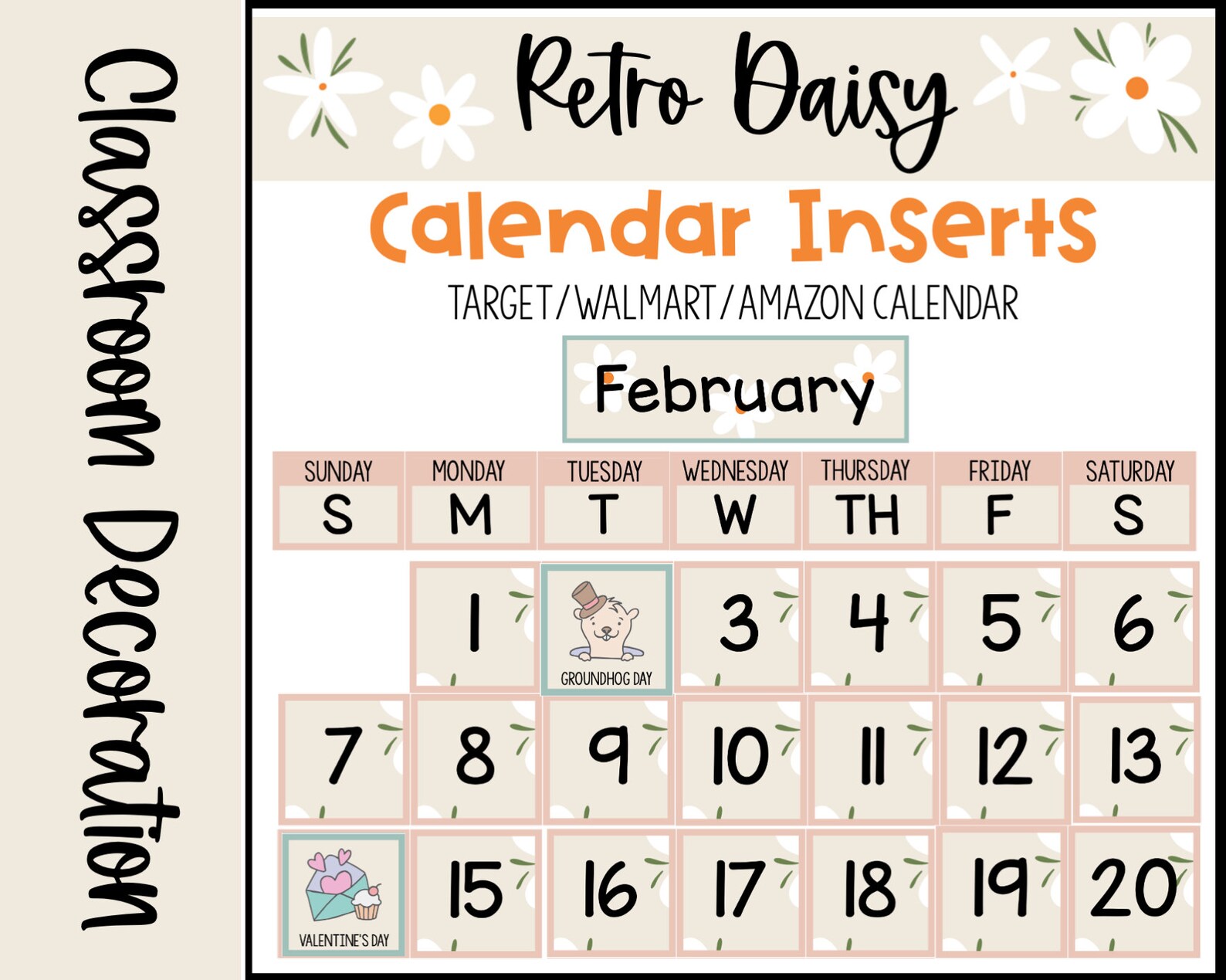 Retro Boho Daisy Themed Editable Calendar Inserts Calming Color ...