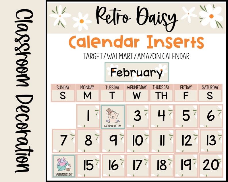 Retro Boho Daisy Themed Editable Calendar Inserts Calming Color ...