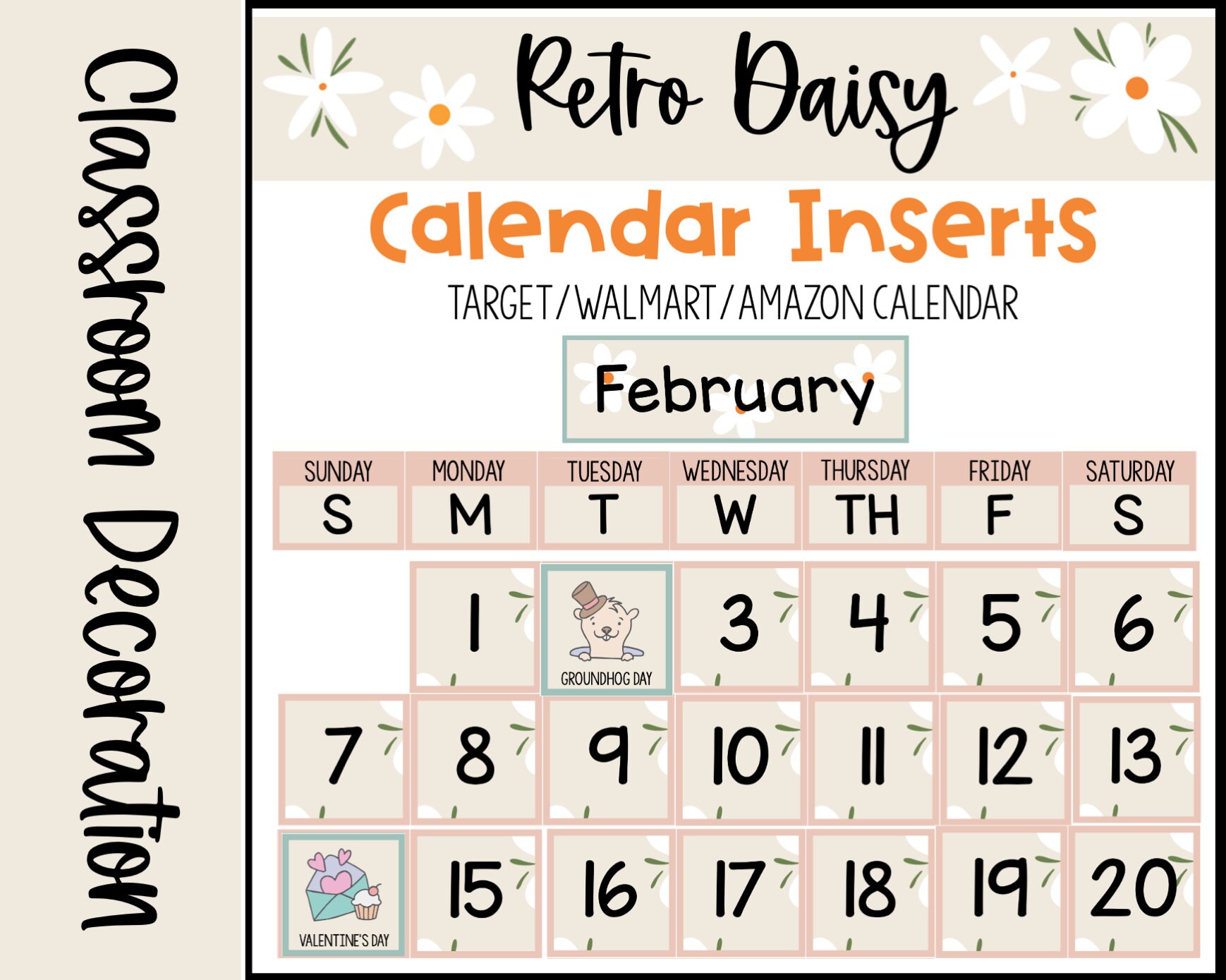 Retro Boho Daisy Themed Editable Calendar Inserts Calming Color ...