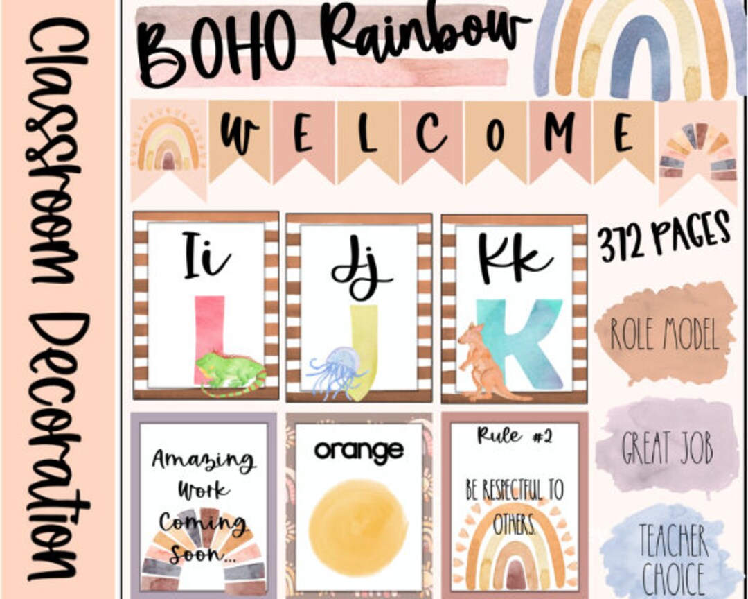 Boho Rainbow Classroom Decor Pack: Watercolor Calendar, Alphabet ...