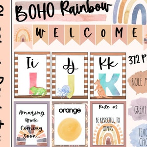 Boho Rainbow Classroom Decor Pack: Watercolor Calendar, Alphabet ...
