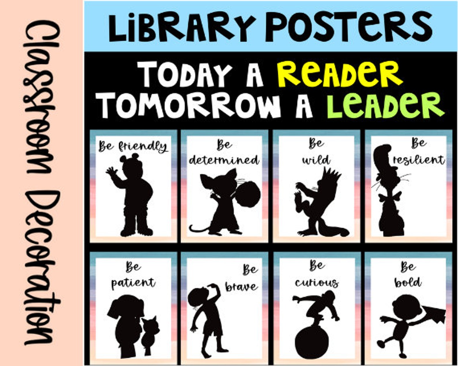 Classroom Library Posters With Book Character Silhouettes and Quotes ...