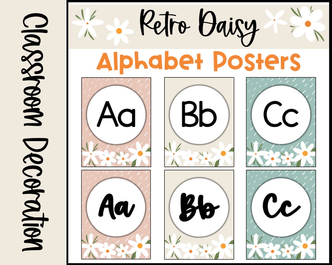 Retro Boho Daisy Themed Alphabet Posters Calming Color Classroom Decor ...