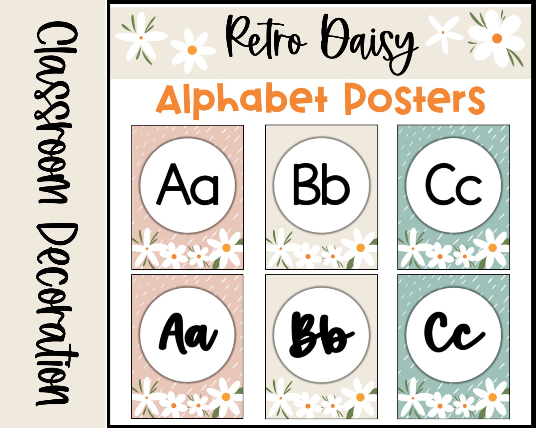 Retro Boho Daisy Themed Alphabet Posters Calming Color Classroom Decor ...