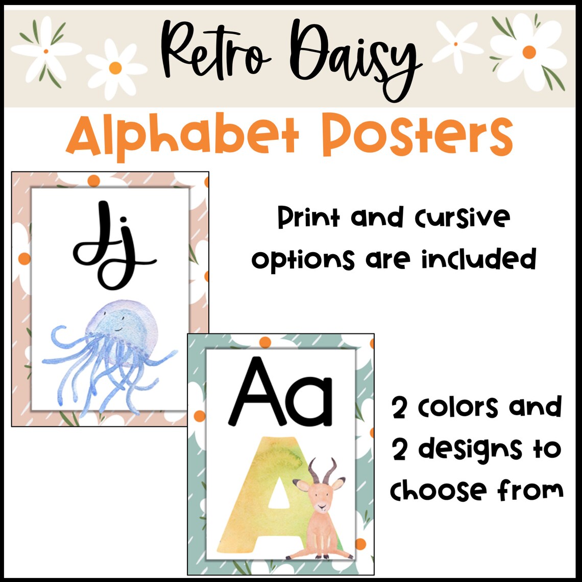 Retro Boho Daisy Themed Alphabet Posters Calming Color Classroom Decor ...