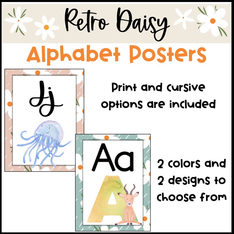 Retro Boho Daisy Themed Alphabet Posters Calming Color Classroom Decor ...