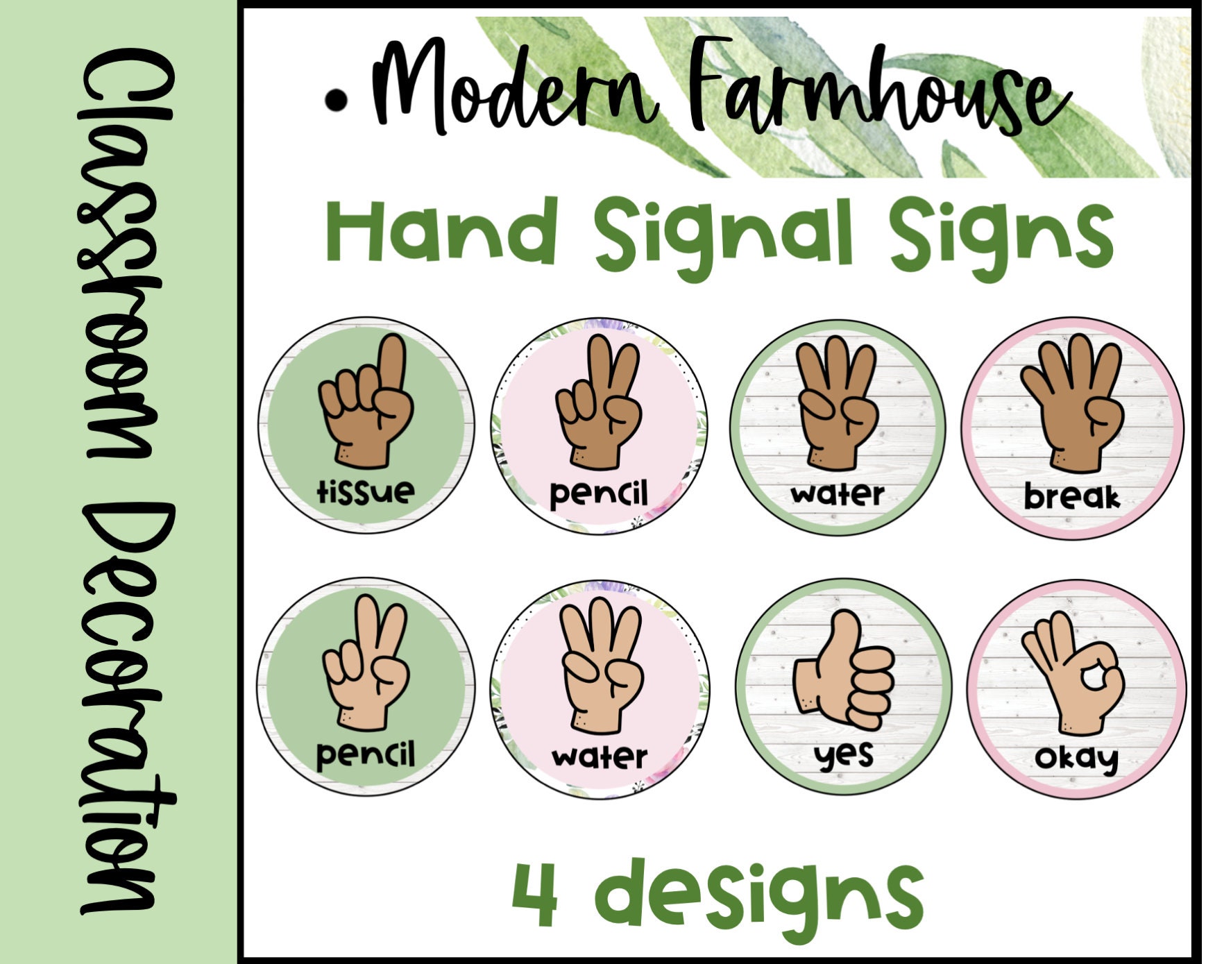 Modern Farmhouse Hand Signal Signs Calming Watercolor Classroom Decor ...