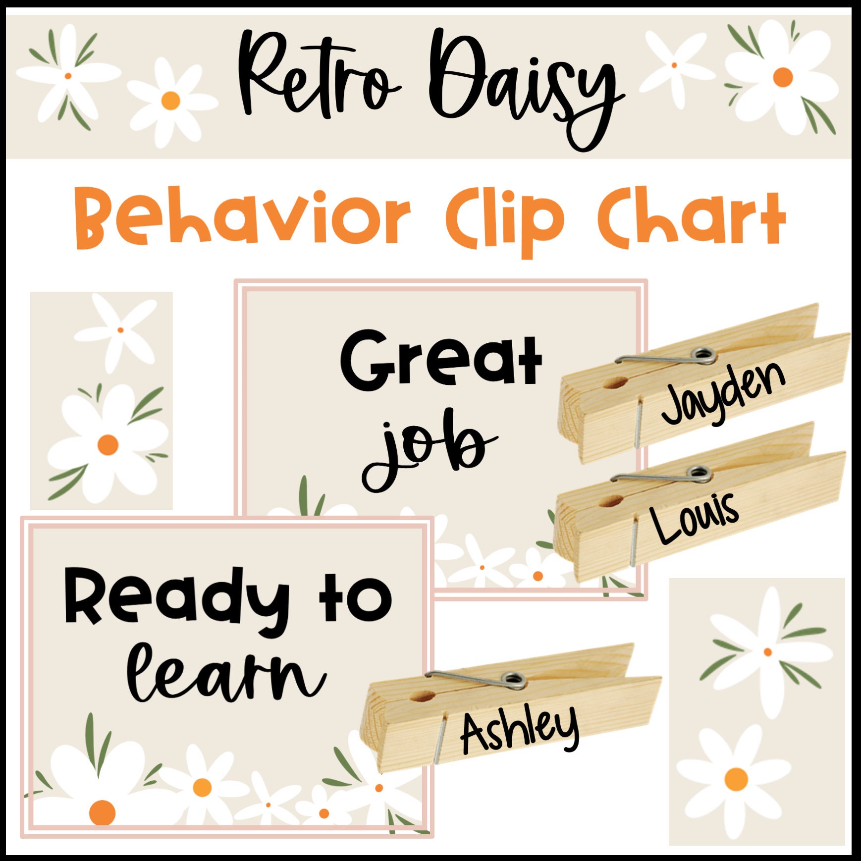 Retro Boho Daisy Themed Behavior Clip Chart for Classroom Management ...
