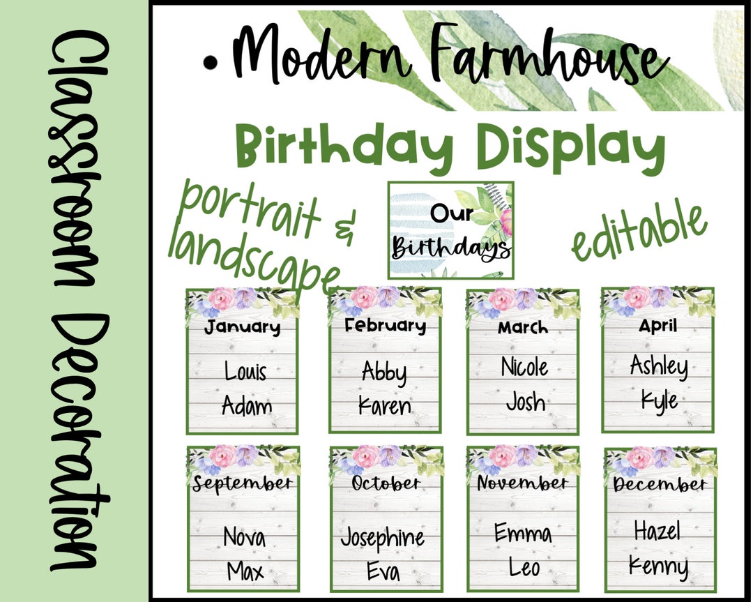 Modern Farmhouse Birthday Display Calming Watercolor Classroom Decor ...