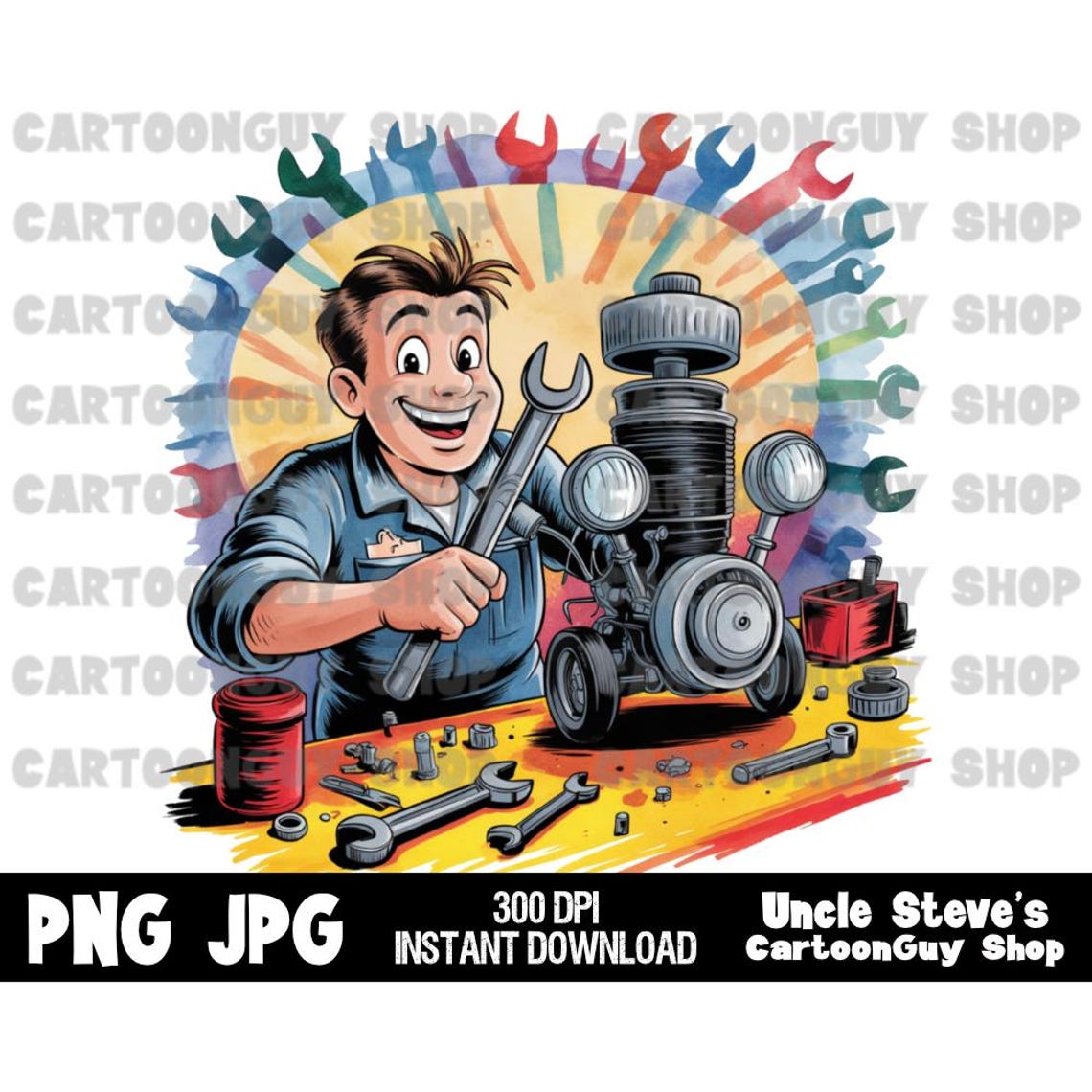 Auto Mechanic Clip Art: Cartoon Technician Working on an Engine Image ...