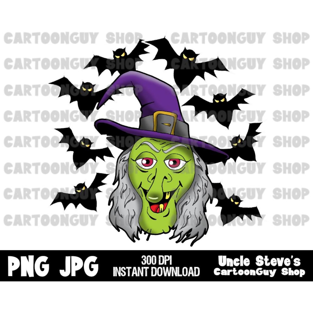 Halloween Clip Art - Witch Face Surrounded by Bats - PNG - JPG ...