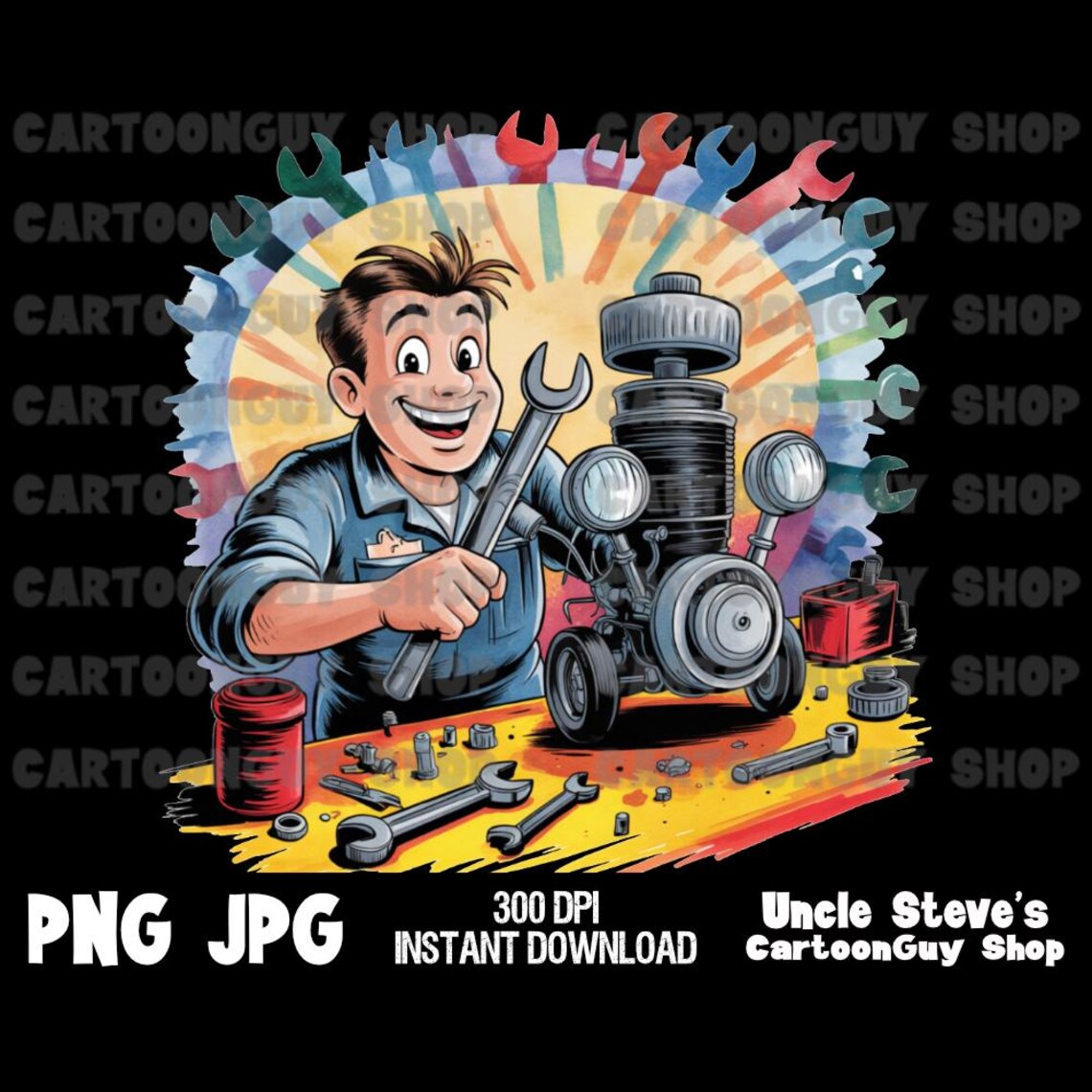 Auto Mechanic Clip Art: Cartoon Technician Working on an Engine Image ...