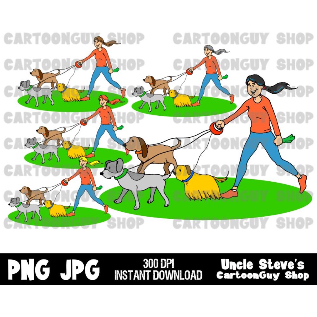 Dog Walker Clip Art: Cartoon PNG JPG, Five Hair Colors (digital ...
