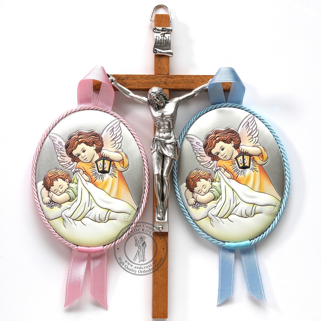Icons Guardian Angel Praying Over Baby, Silver Plated 999 Wooden ...