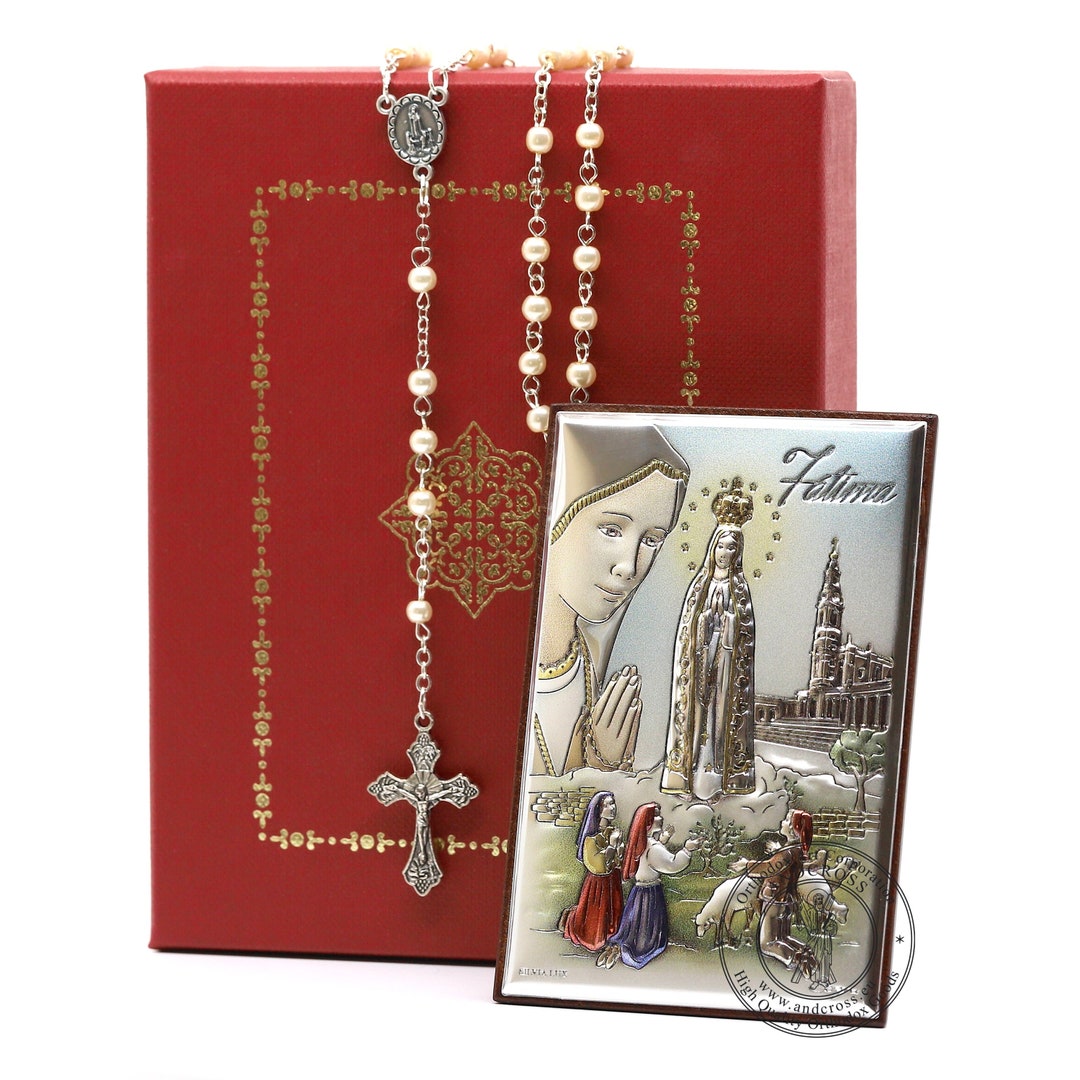Handmade Our Lady of Fatima Wood Icon, Silver Plated Rosary Gift Set - Etsy