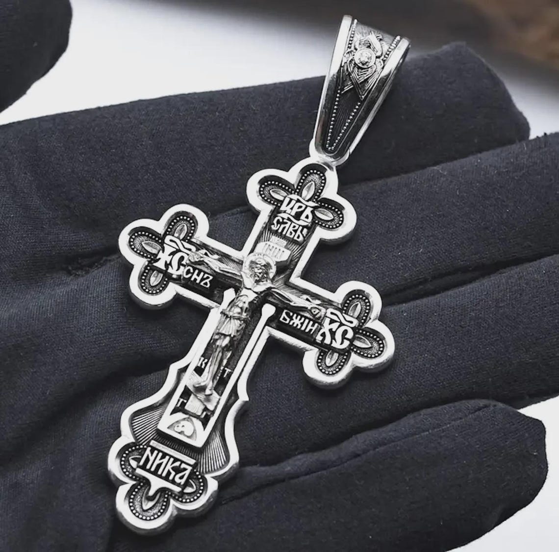 Handmade Orthodox Christian Prayer Cross Save and Protect. Large Silver ...