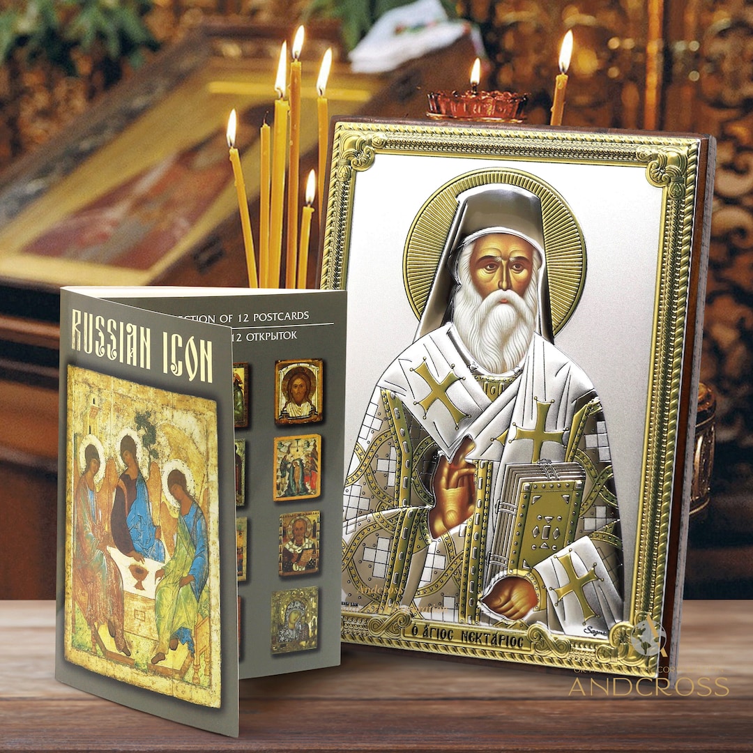 Saint Nektarios Orthodox Wooden Icon Silver Plated 999 Handmade / Gift ...