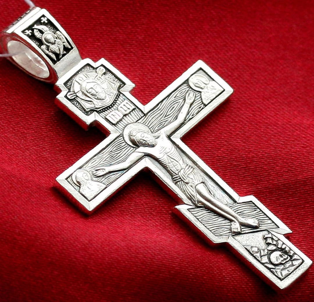 Large Russian Greek Orthodox Crucifix Cross W/ Prayer 925 Sterling ...