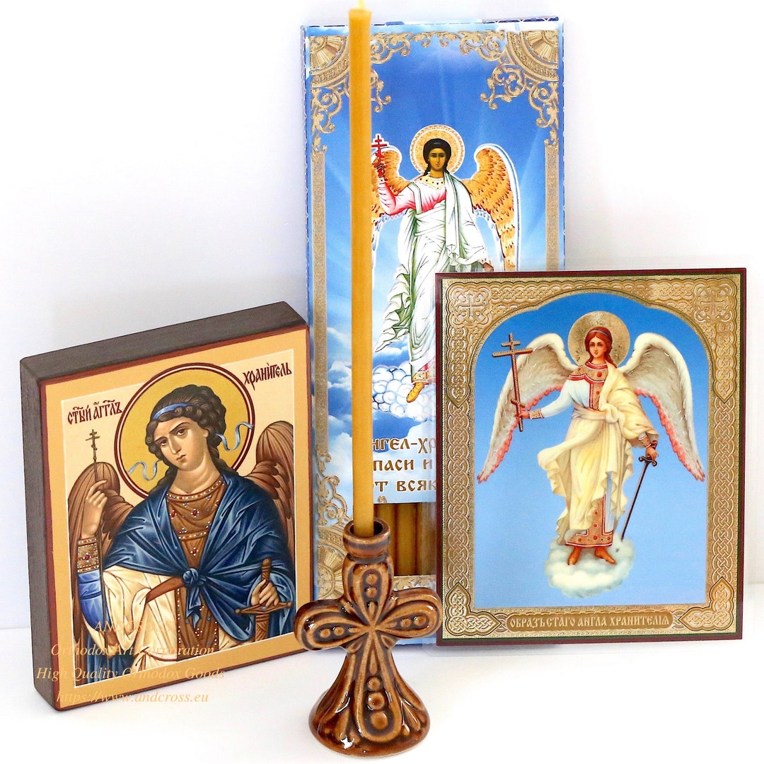 Handmade Guardian Angel Icon Gift Set, Wax Candles, Candlestick - Etsy