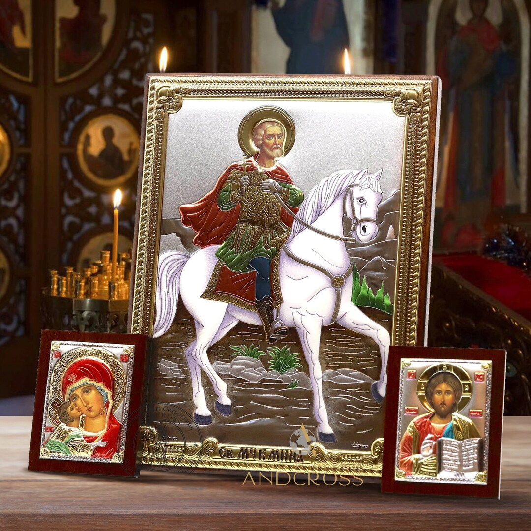 Saint Mina Wonderworker / 2 Small Icons Set / Orthodox Icon Silver ...