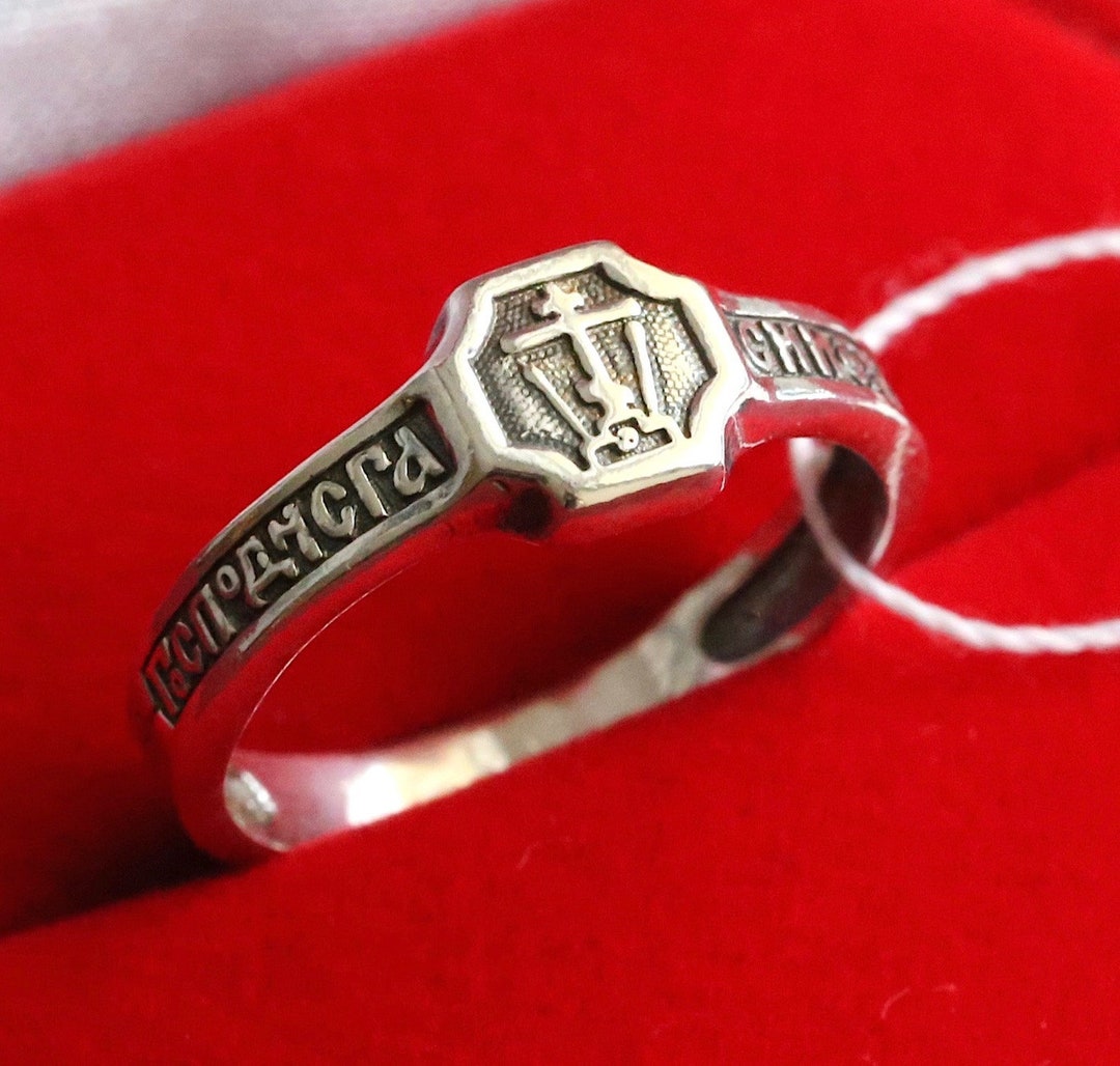 Old Style Russian Greek Orthodox Silver 925 Prayer Ring W/ Cross ...