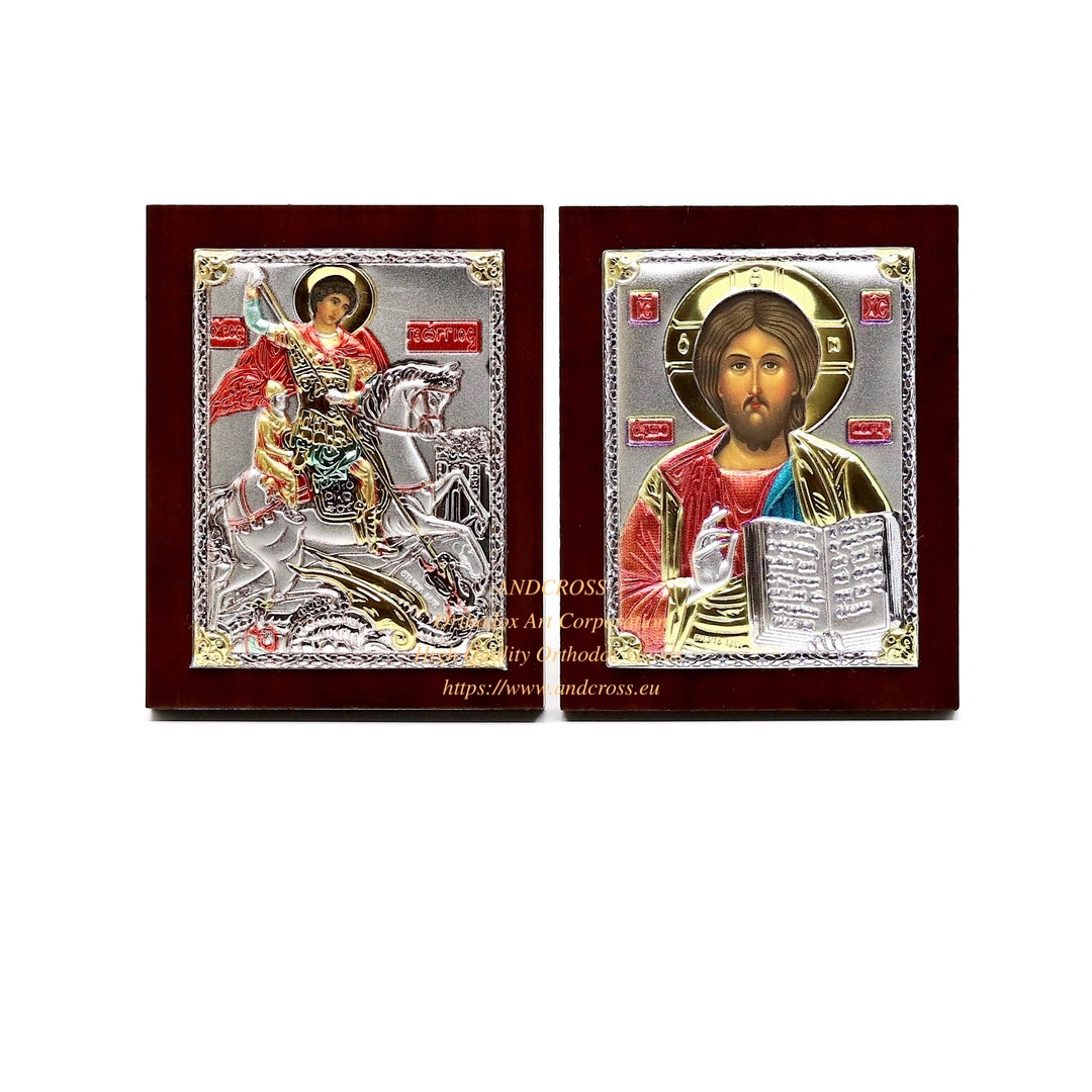 St. George Warrior, Lord Jesus Christ. Set of 2 Icons. Silver Plated ...