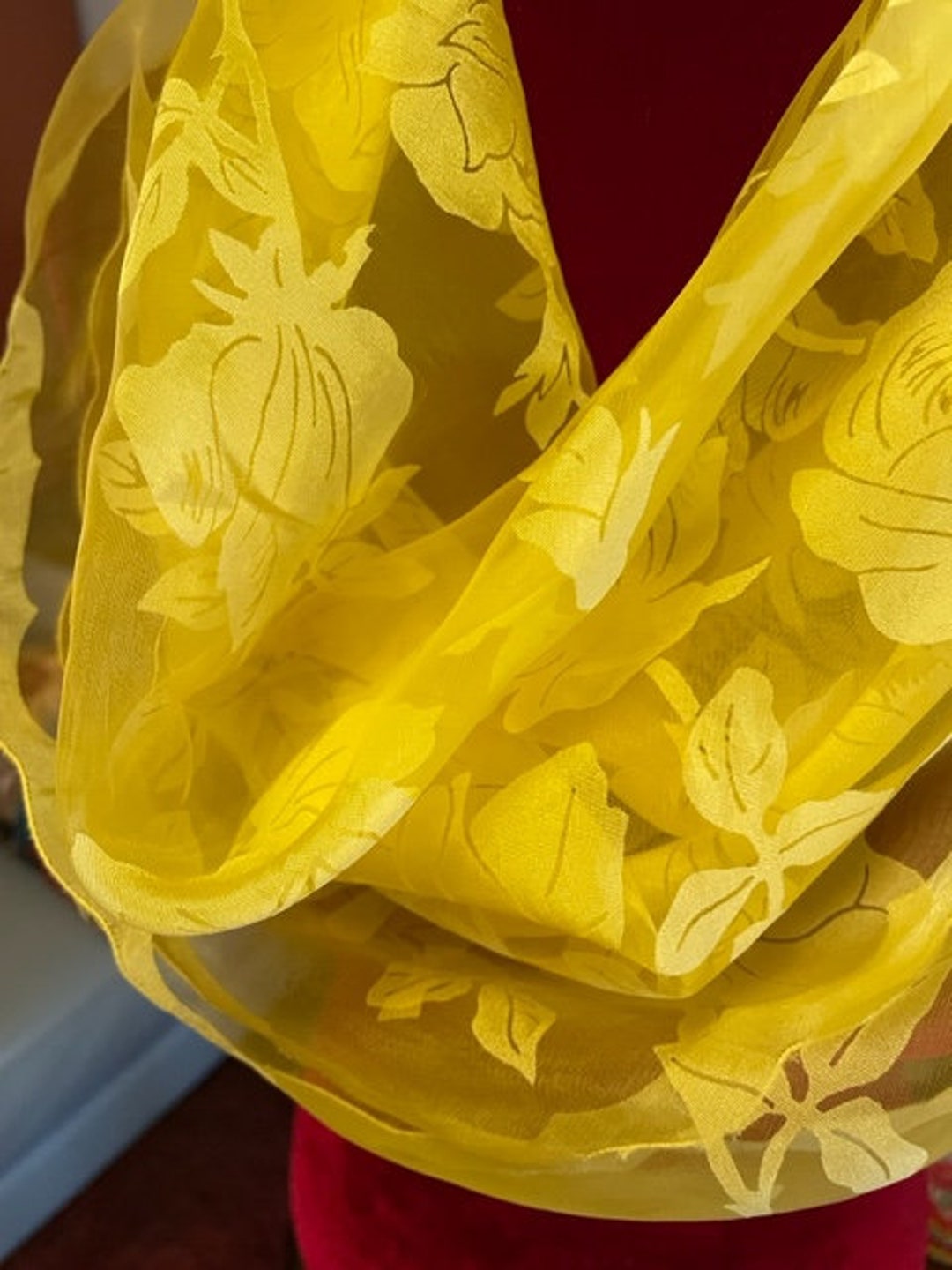 Yellow Shear Scarf 25x25 Bright Yellow Scarf With Rose Inlaid Pattern ...