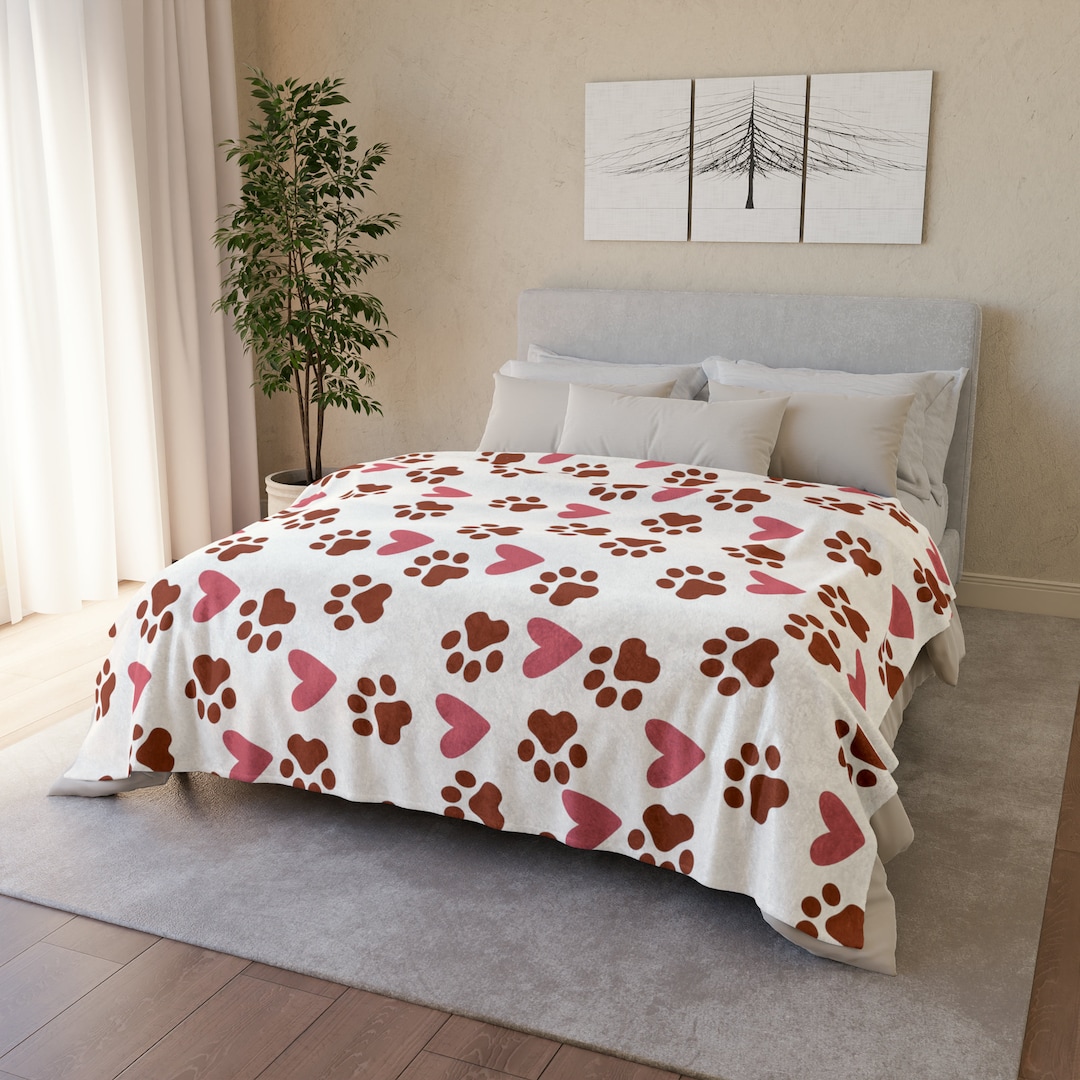 Dog Paw Print Blanket Love Heart Dog Lover Throw Blanket Fleece Blanket ...