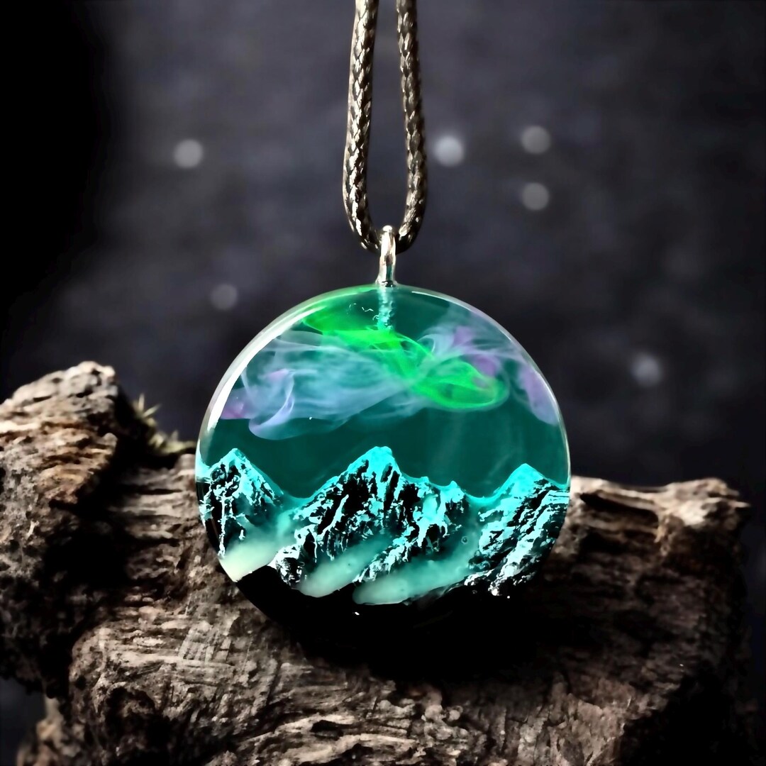 Aurora Borealis Wood Resin Necklace: Glow in the Dark Mountain Pendant ...